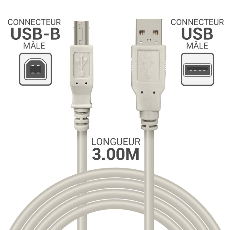 Cordon USB 2 0 A/B mâle mâle 3 00m beige WAYTEX.fr
