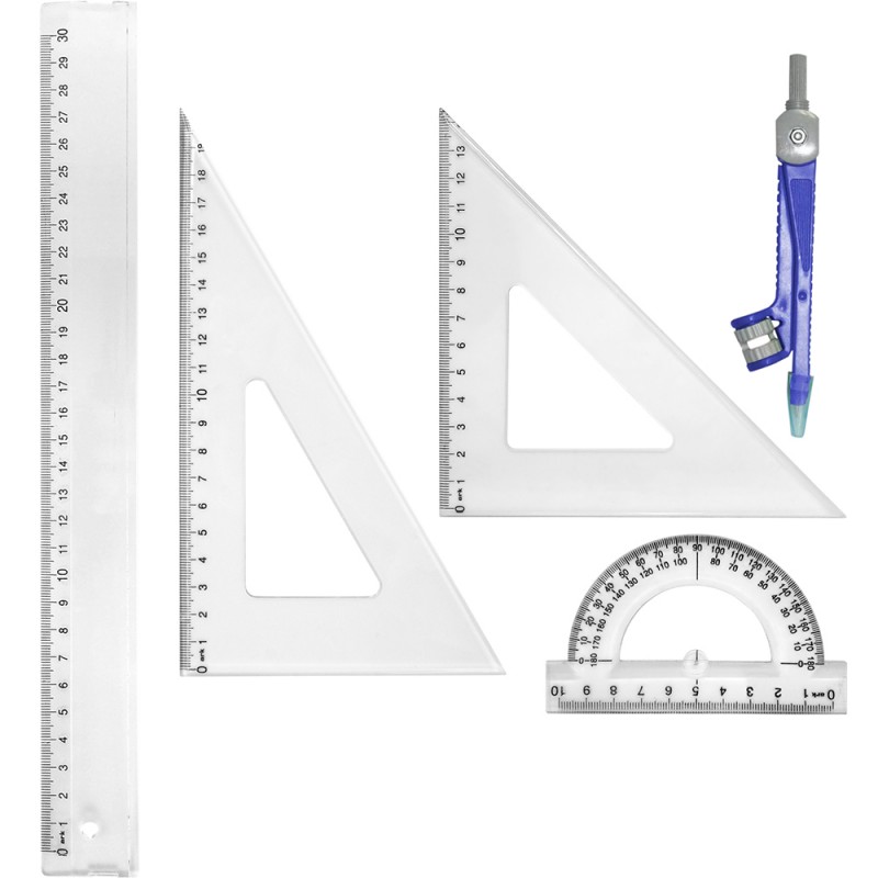 Kit 5 pcs règle 30cm 2 équerres 45 et 60 rapport 10 cm compas WAYTEX.fr