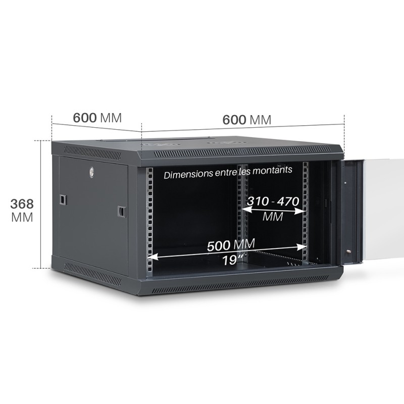 Coffret réseau 19 6U porte vitrée 600x600 noir monté WAYTEX.fr