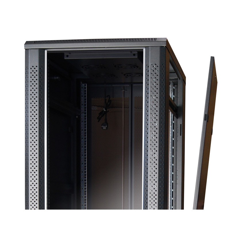 Baie serveur 12U 600x800 porte verre/4 ventil/arrière saloon nid ab ...
