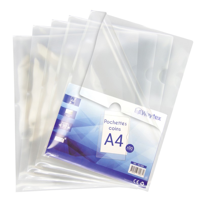 Pochettes Coins A4 Transparent lisses 90 mic 9/100e Paquet de 50 WAYTEX.fr