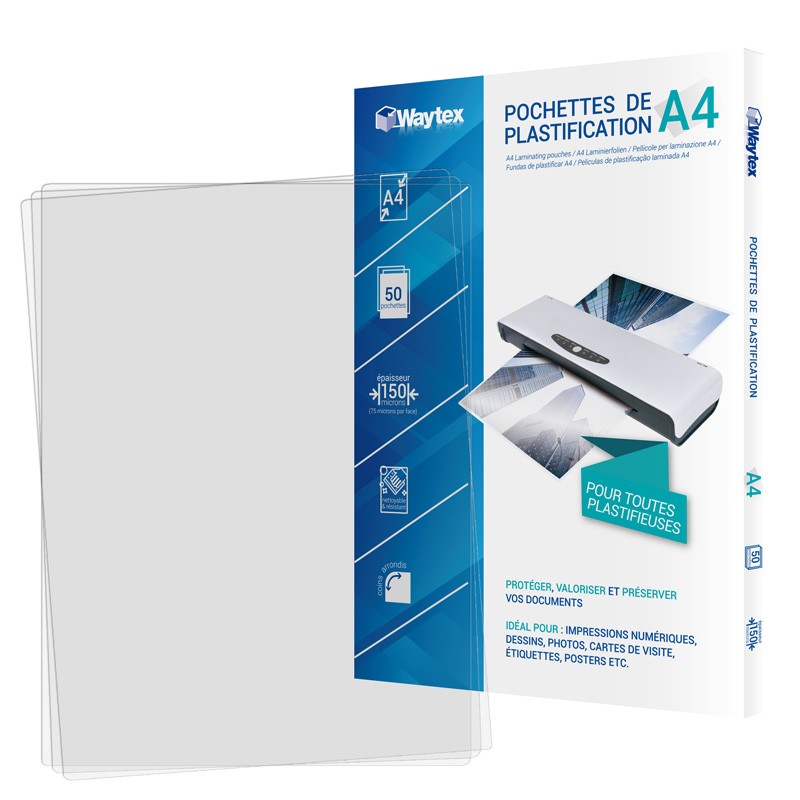 Feuilles de plastification A4 75 microns /face 150 total bte de 50 ...