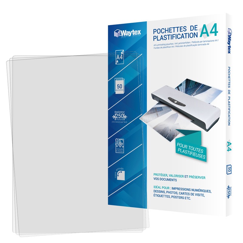 Pochettes de plastification A4 125 microns par face Pack de 50 WAYTEX.fr