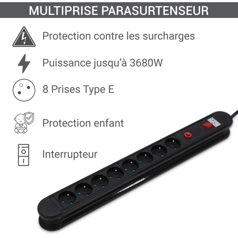 Multiprise parasurtenseur interrupteur 8 prises 1 50 m 3x1 5mm2 noir ...